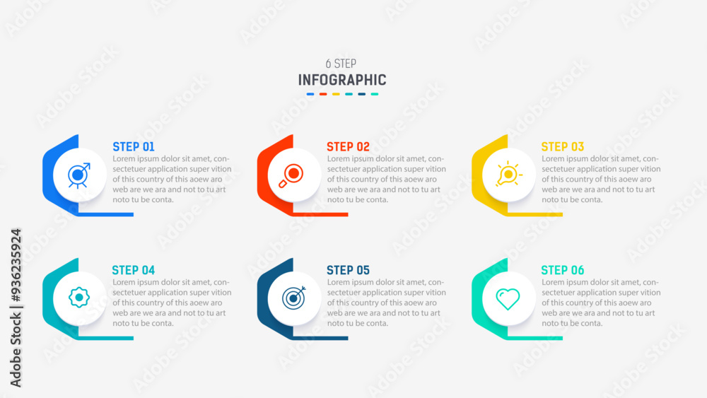Business infographics design for Six Step, option, parts or process. Infographic 6 element ...
