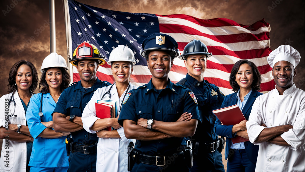 Emotional portrait of diverse professionals and American flag waving in the background. Pride ...