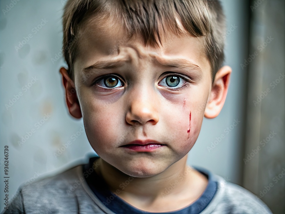 A distraught 7-year-old boy with a swollen eye and tear-stained face ...