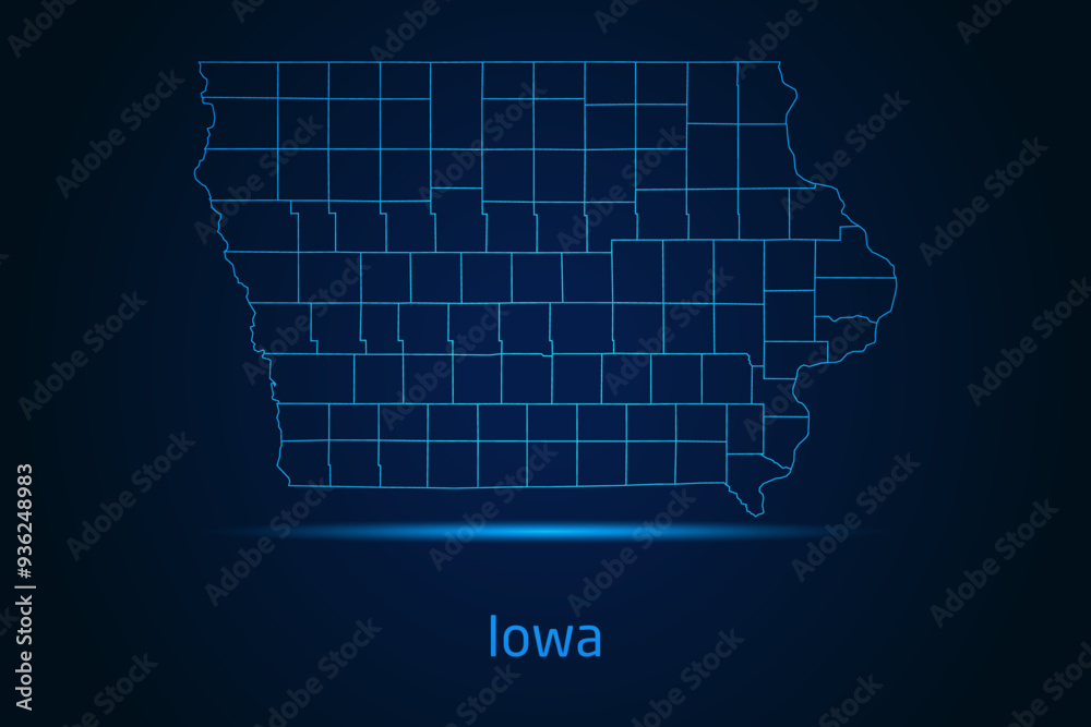 Abstract High Detailed Glow Blue Map on Dark Background of Map of Iowa ...