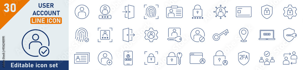 User Account line icon set. Set of 30 outline icons related to personal ...