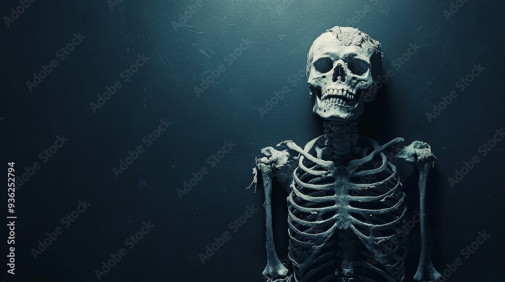 Shadowed skeleton in a tattered ghost costume, eerie light seeping ...