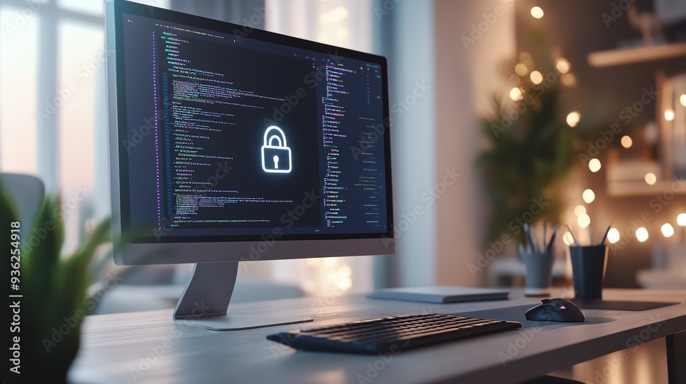 Modern workspace with computer displaying programming code and padlock ... Modern workspace with computer displaying programming code and padlock ...