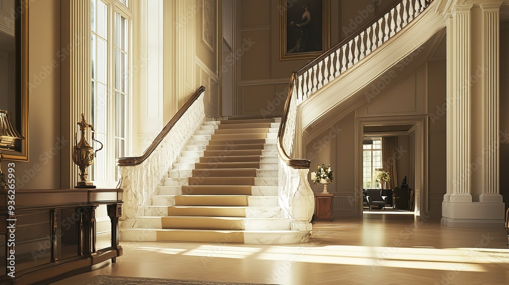Elegant grand staircase in a well-lit historic mansion with polished ...