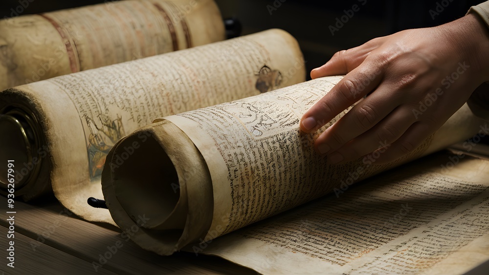 In a softly lit setting, a hand gently unrolls ancient scrolls filled ...