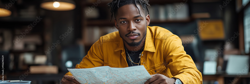 male determined map reader not visible library orange, yellow, black ...