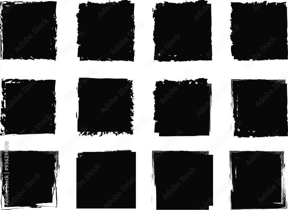 Brush stroke, ink paint brush, grunge box. Black square shapes with ...