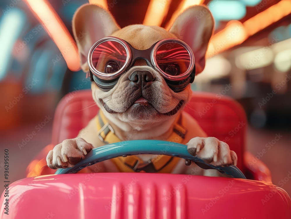 whimsical french bulldog aviator in vintage pedal car goggles ...