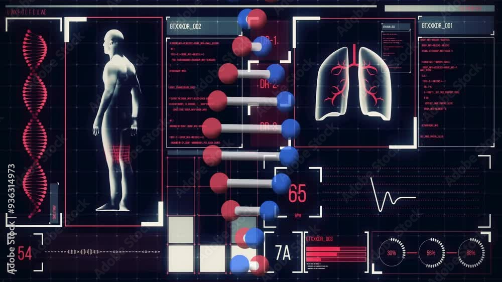 Medical data analysis animation over human body, DNA strand, and lungs ...