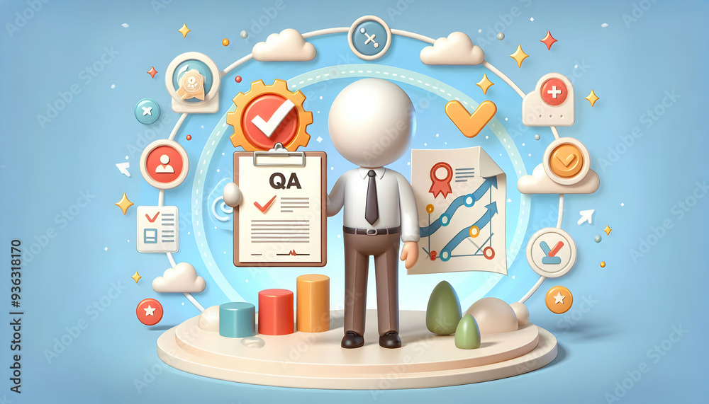 3d Flat icon as QA Manager with Process Map and Certificate concept as ...