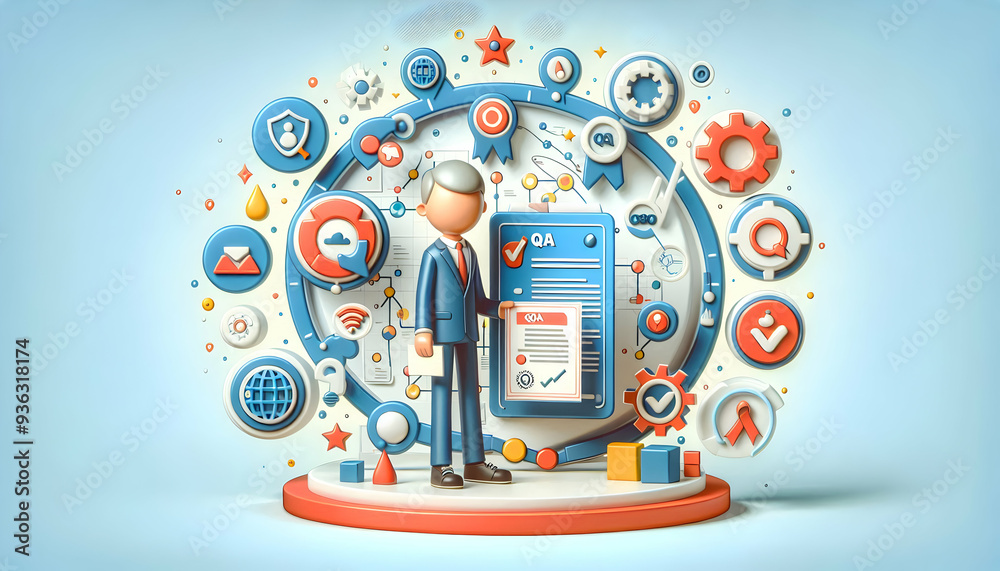 3d Flat icon as QA Manager with Process Map and Certificate concept as An image of a QA manager ...