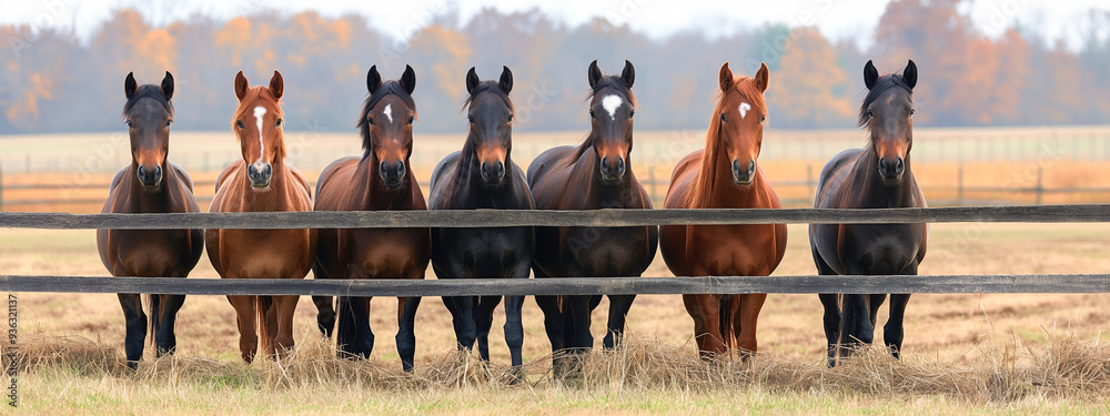 Lineup of horses, horses putting their heads together on a field behind ...