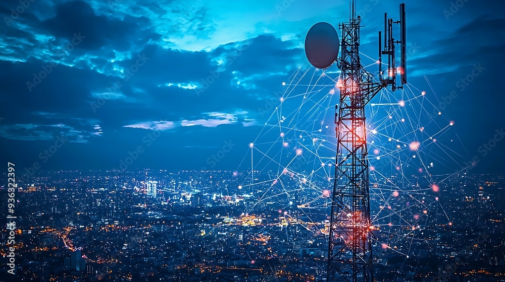 Cell tower network over city at night, blending the power of ...