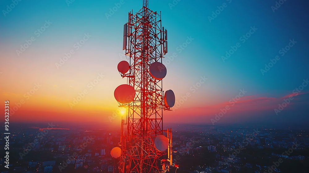 Telecommunication tower at sunset with a city skyline, blending the ...