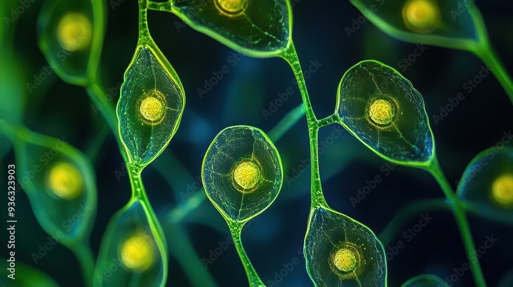 Photosynthesis process in chloroplasts under a microscope, highlighting ...