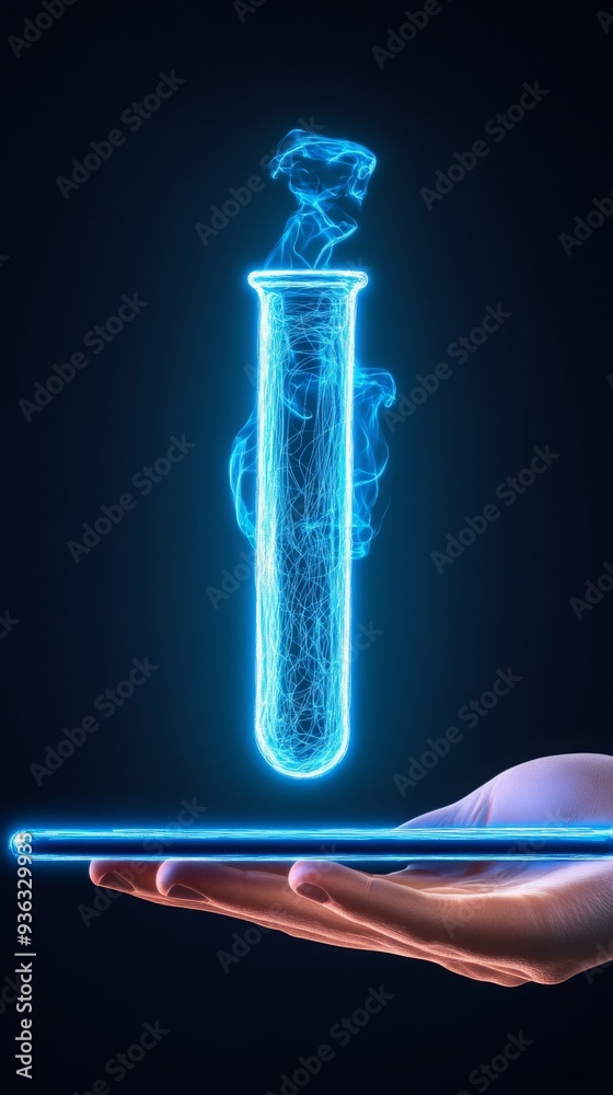 glowing test tube icon emerging from a digital tablet, Digital ...
