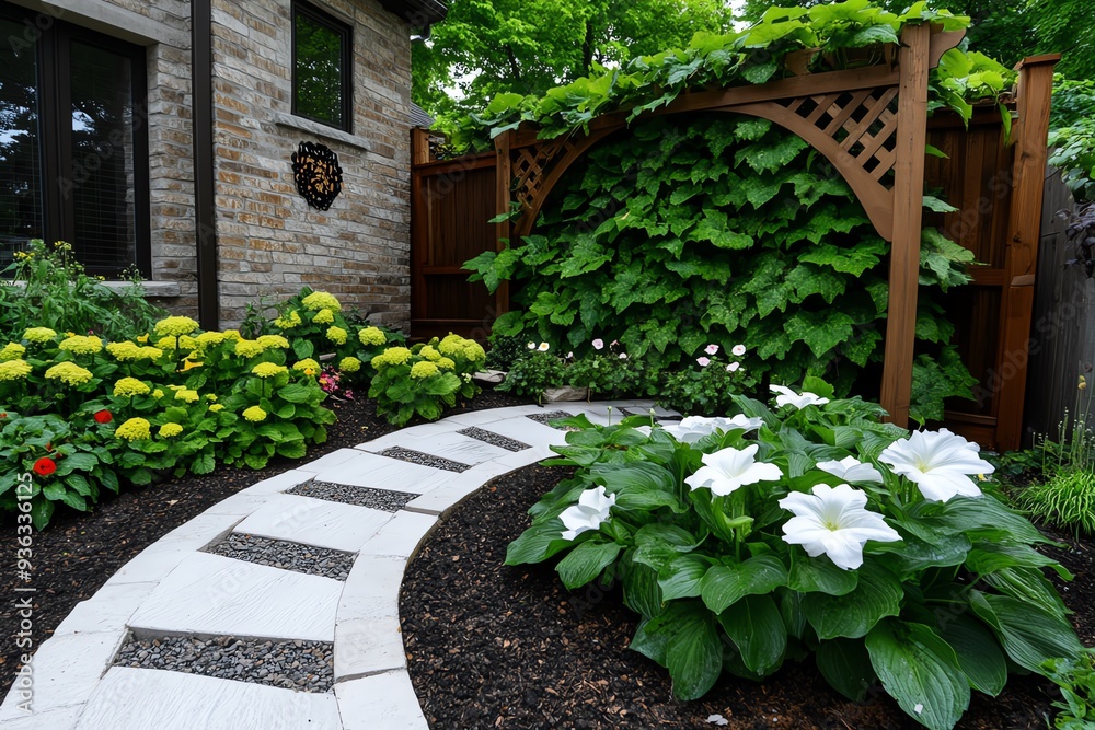 177. A garden design incorporating vertical elements like trellises and ...