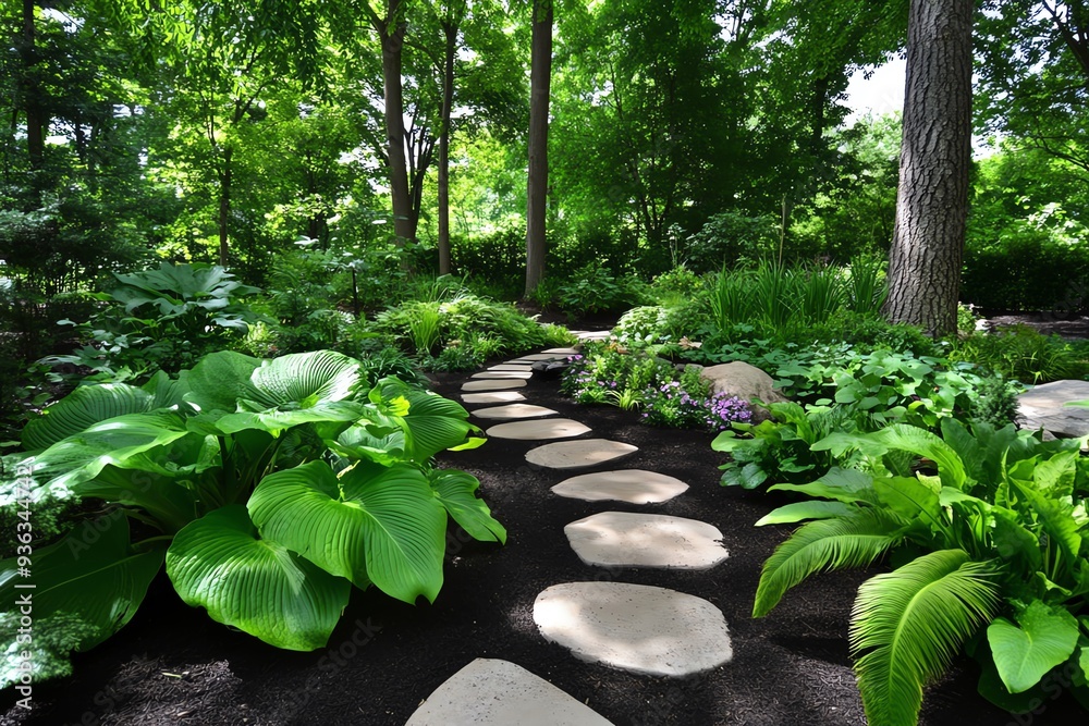 182. A garden with a woodland theme, featuring native trees, ferns, and ...