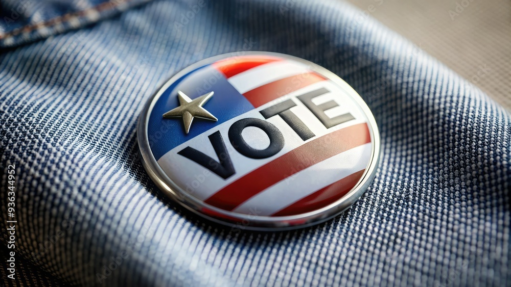 A shiny silver pin badge with a checkmark and the word 'VOTE' in bold ...