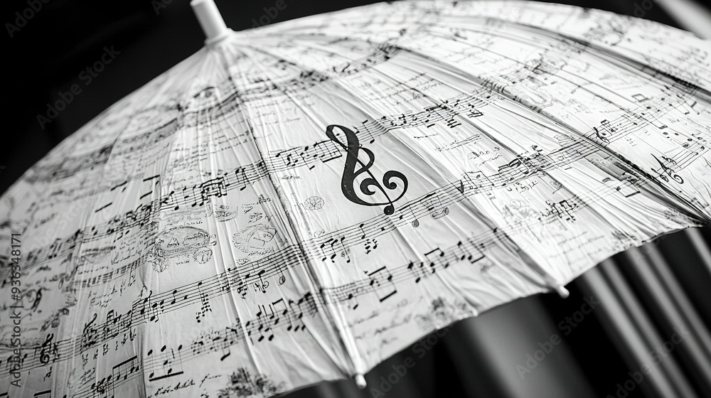 A monochrome picture featuring an umbrella with music notes and treble ...