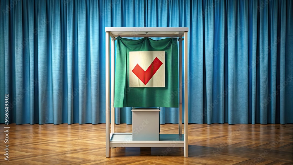 A solitary ballot box with a checkmark flag sits atop a stylized voting ...