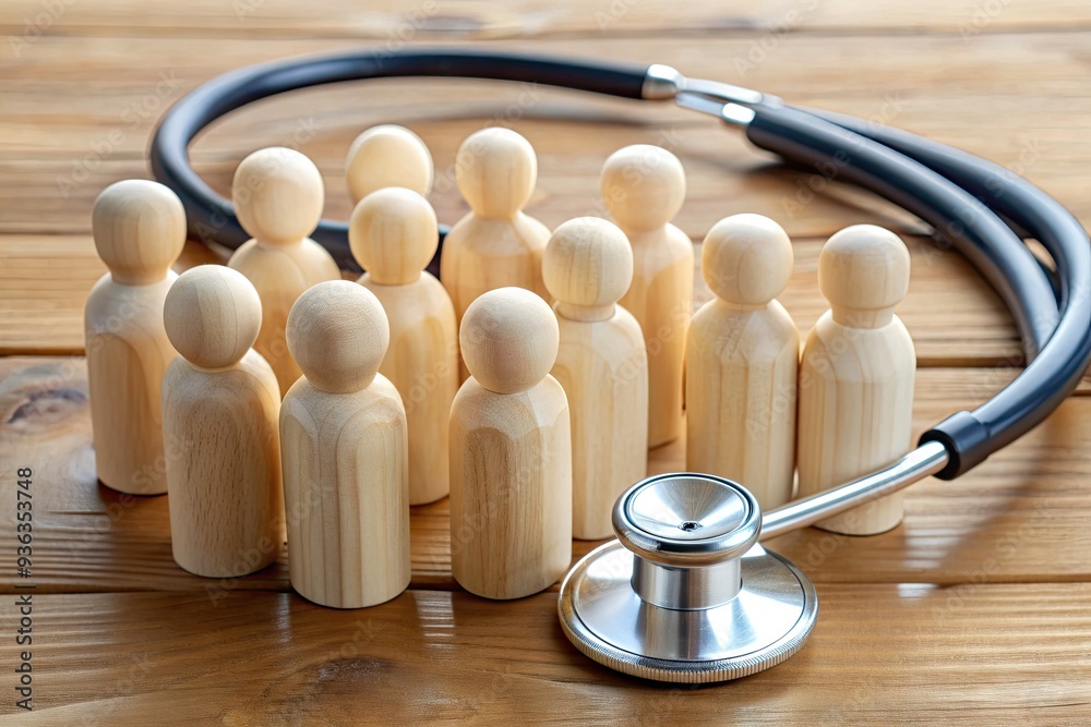 Assorted wooden human figurines surround a stethoscope, symbolizing ...