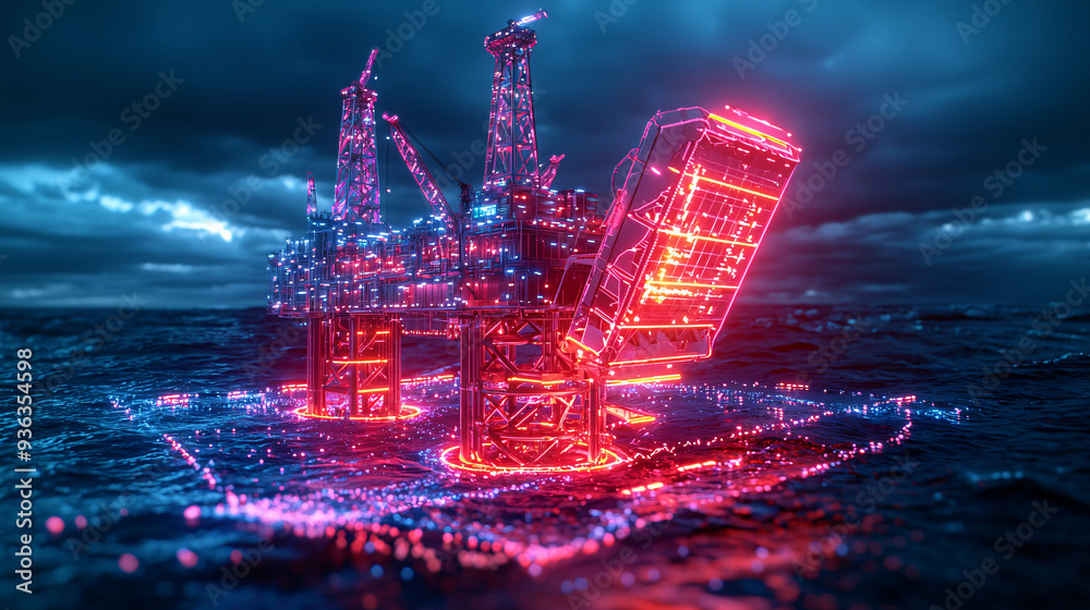 Futuristic offshore oil rig illuminated in neon lights floating in the ...