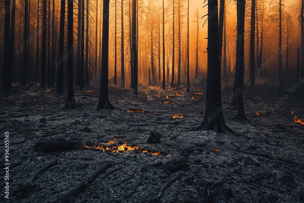 Charred remnants of trees and blackened ground reveal the devastating ...
