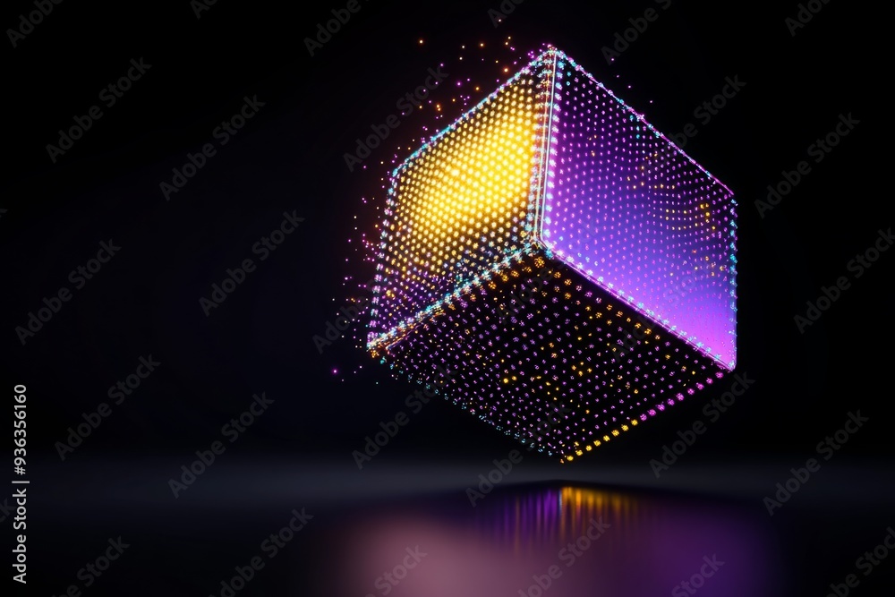Digital Blockchain Concept. Abstract 3D High-tech purple and yellow ...