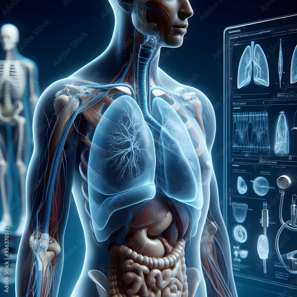3d human lung inside human body with its parts visible. Medically ...