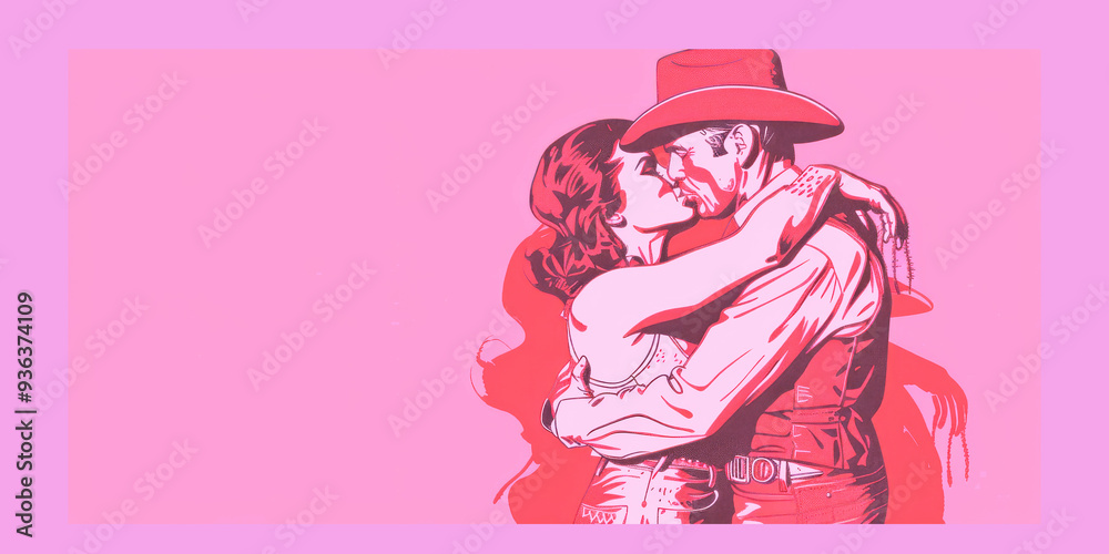 Vintage Cowboy art in pink red style hand drawing line art.Modern retro ...