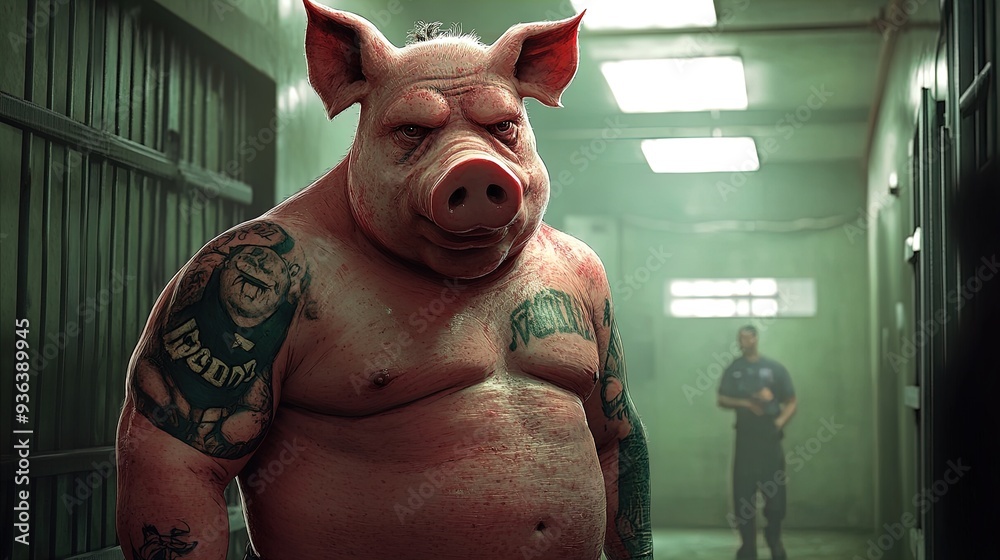 Stylized Muscular Pig with Bold Tattoos: A Playful Toughness in a ...