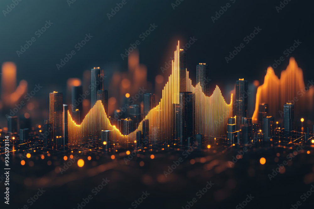 Digital waves of data flowing through a modern cityscape, representing ...
