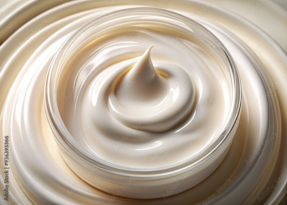 Close-up shot of a luxurious white facial cream swirling in a circular ...