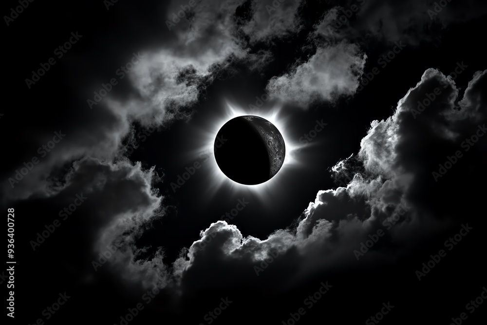 233. A high-contrast black and white photograph of a solar eclipse ...