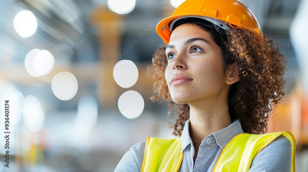 Proud female apprentice in construction, gazing at her worksite with ...