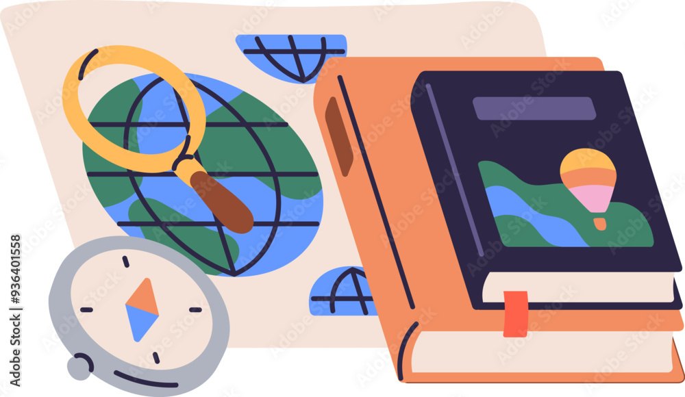 Geography education, school subject concept. Science book, atlas ...