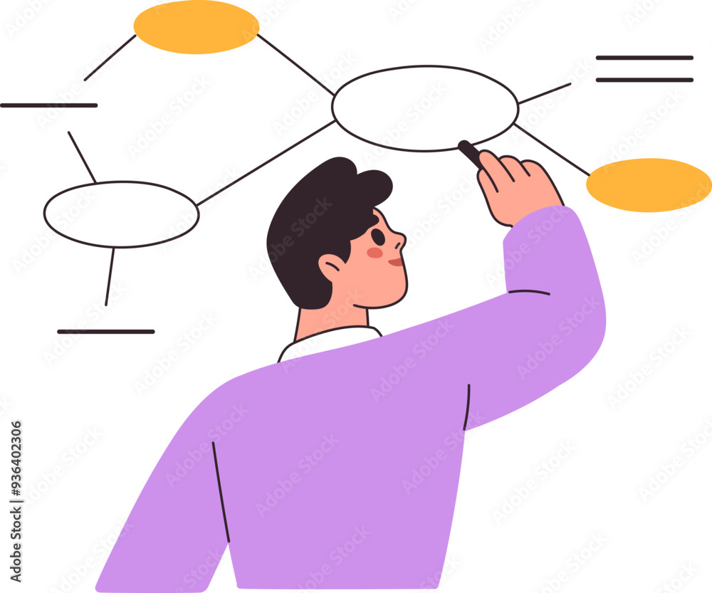 Student drawing flowchart, algorithm, scheme. Learner and flow chart ...