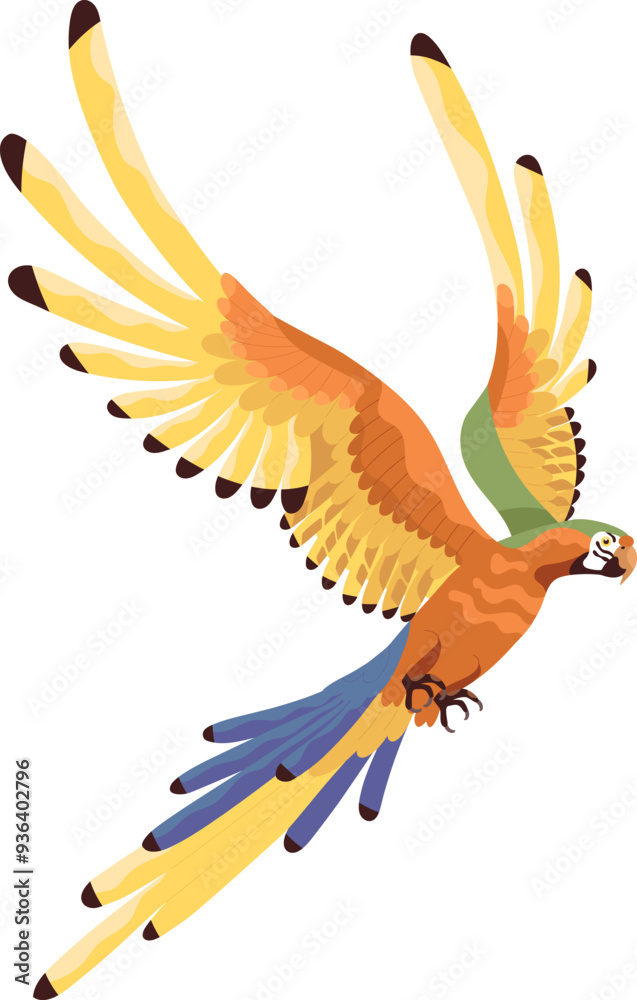 Macaw flying with multicolored spread wings. Large tropical Ara parrot ...