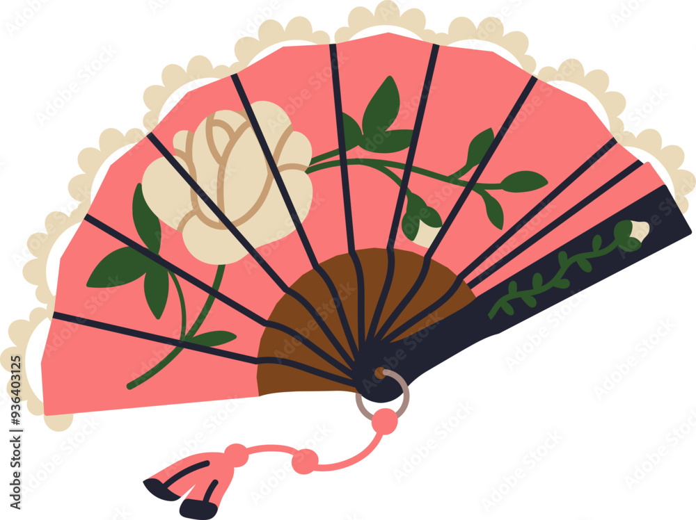 Elegant open hand fan of 18th and 19th century. Air cooling accessory ...