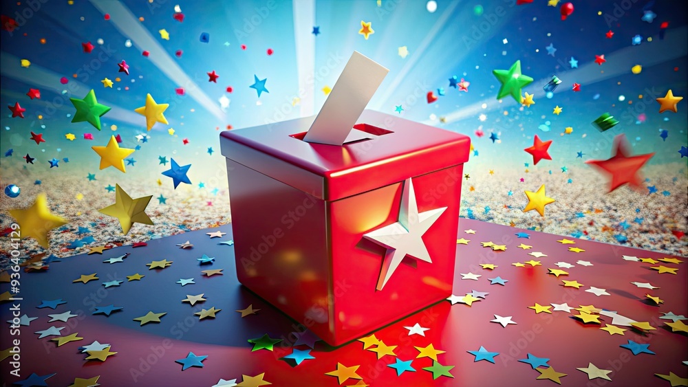 Colorful illustration of a ballot box with a bold red button and a ...