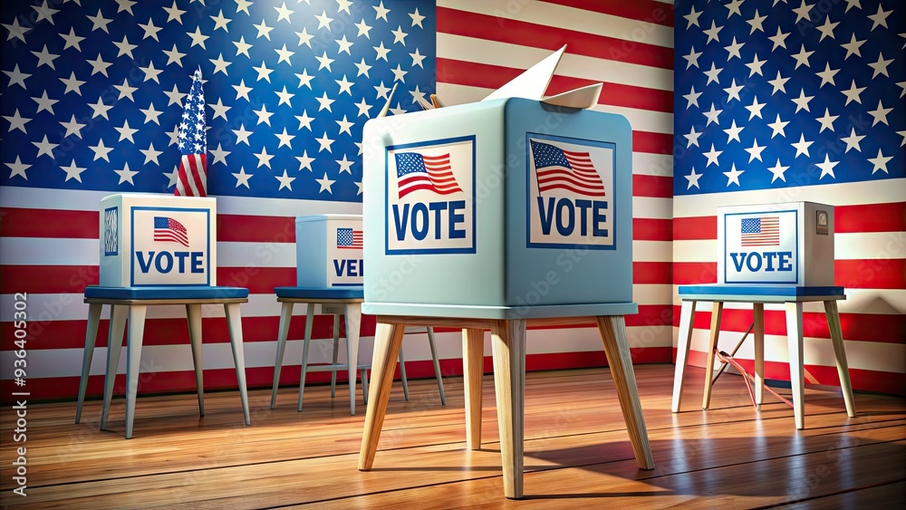 Colorful illustration of a voting booth with a ballot box, patriotic ...