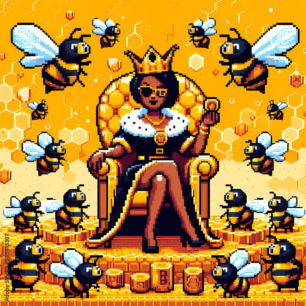 Vector pixel art illustration of the queen sitting in a throne with ...