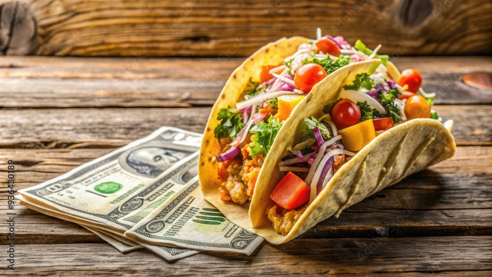 Crinkled dollars and colorful Mexican pesos surround a juicy taco on a ...