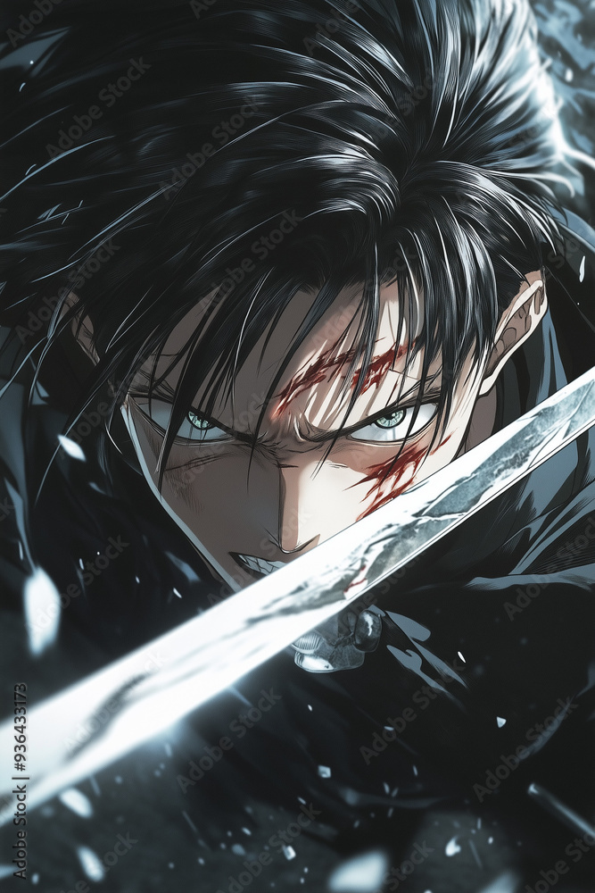 Dark-haired anime character with intense eyes and a bloodied face ...