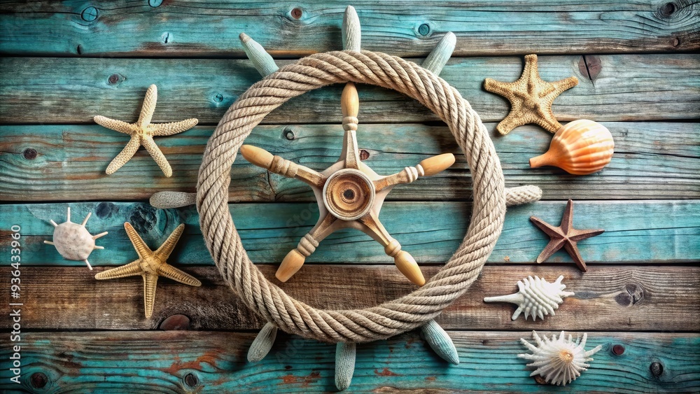 Decorative nautical shell arrangement featuring a vintage wooden ship's ...