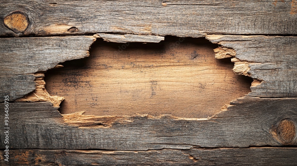 Large break center cracked hole on broken old wooden board background ...