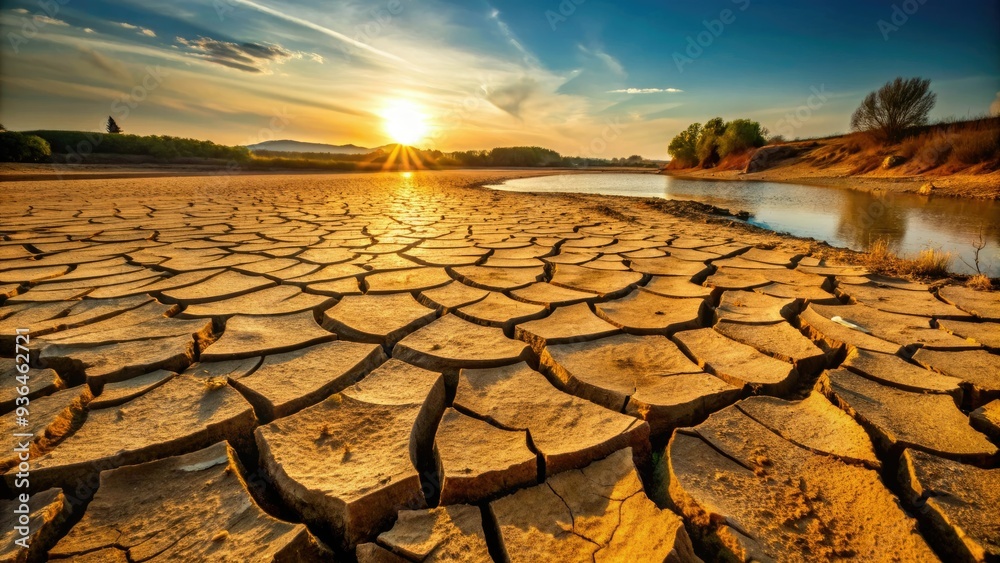 Dramatic close-up of parched, cracked earth in a dry riverbed ...