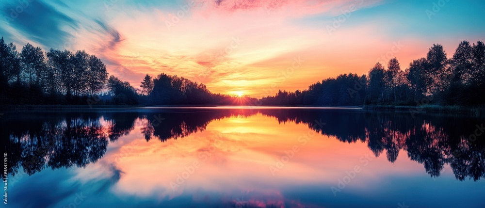 Bright sunset sky reflected in a tranquil lake blending colors with ...