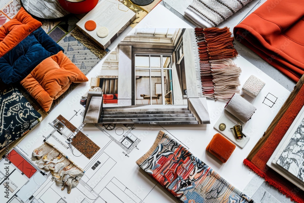 Interior designer's workstation showcasing detailed architectural plans ...